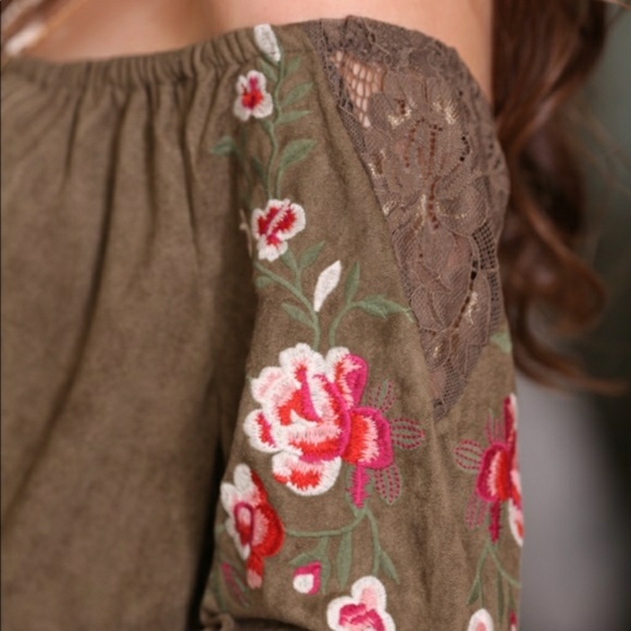 Infinity Raine | Tops | Olive Faux Suede Embroidered Off Shoulder Tunic ...